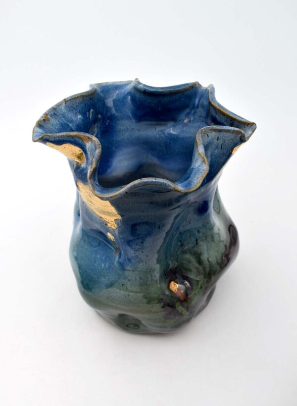 Blue, Green & Gold Wobbly Vase – Fiona McLeod – The White Sail Gallery